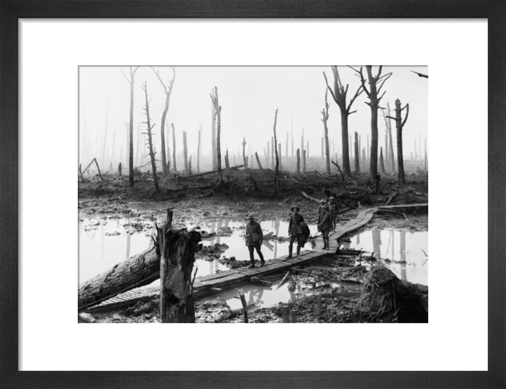 Australian troops walk along a duckboard track through the remains of ...